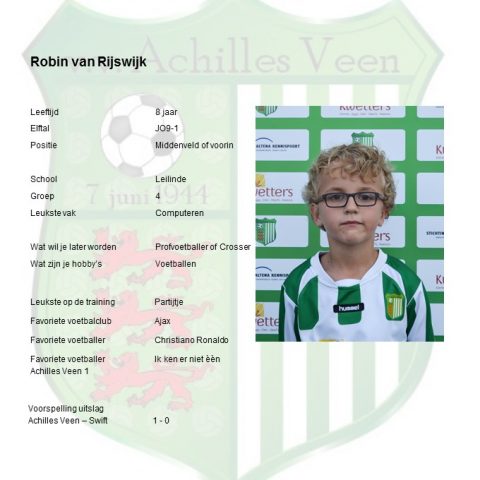 Pupil van de week zaterdag 31 maart – vv Achilles Veen